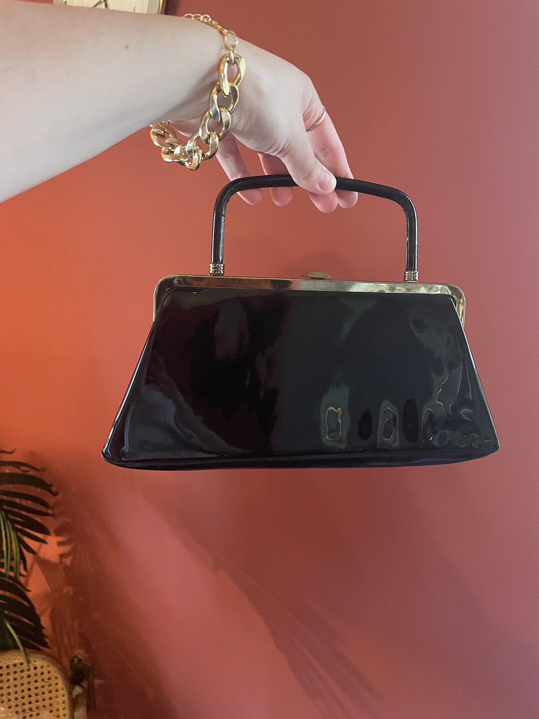 90s Patent Leather Chic Black Handbag Clutch "block" Brand Y2k 2000s ...