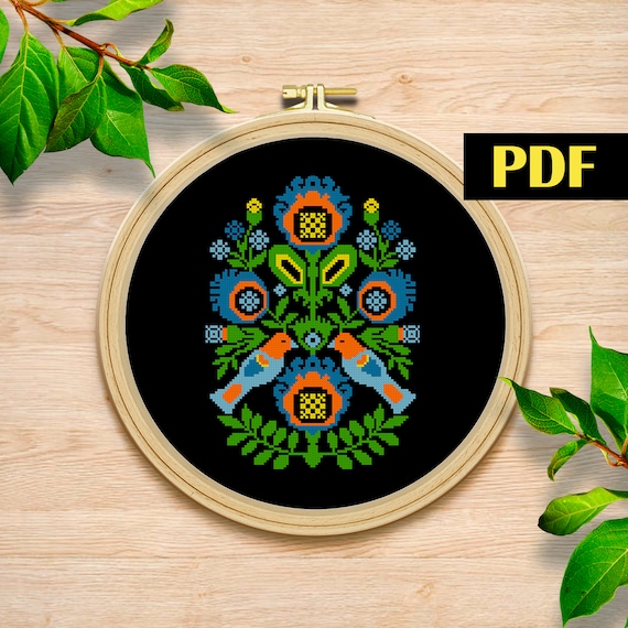 Folk art cross stitch pattern pdf Modern Cross Stitch Flower | Etsy