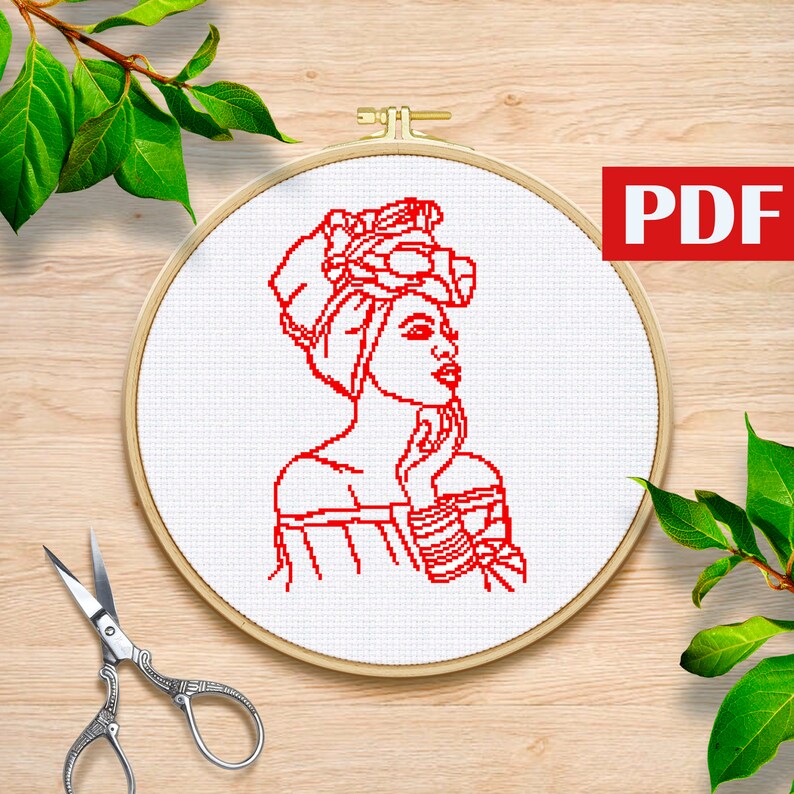 Line Art Woman Cross Stitch African Cross Stitch One Line Design Black ...