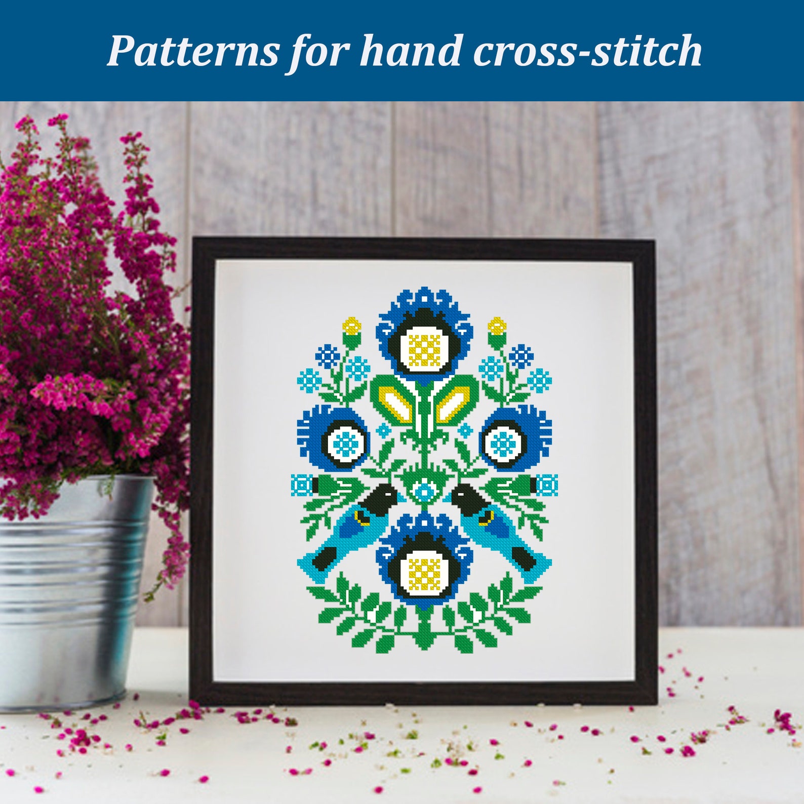 Folk art cross stitch pattern pdf Modern Cross Stitch Flower | Etsy