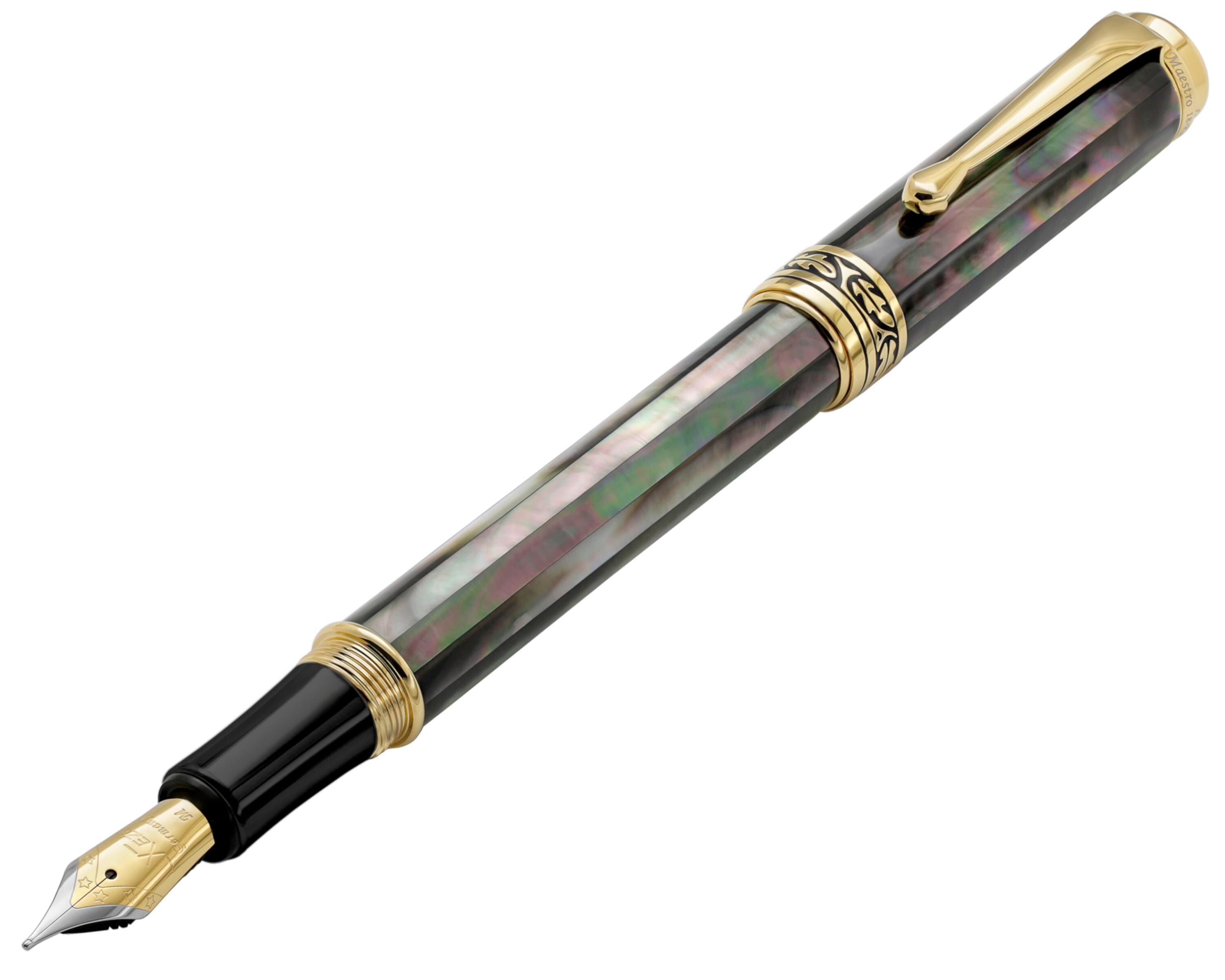 Xezo Maestro Fountain Pen, Medium Nib. Black Mother of Pearl, 18K Gold ...