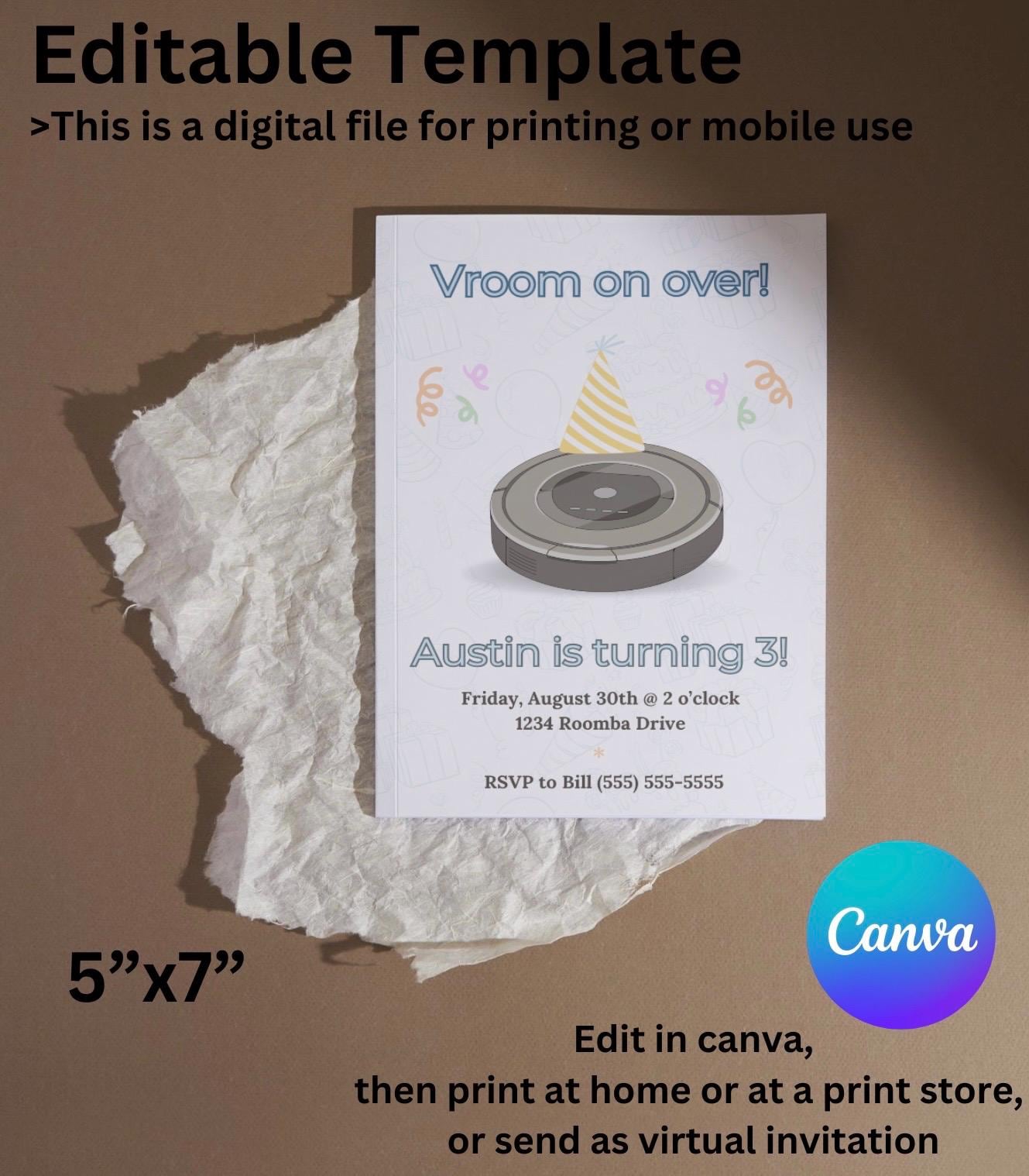 Editable Roomba Birthday Party Invitations, Vacuum Party Invitations ...