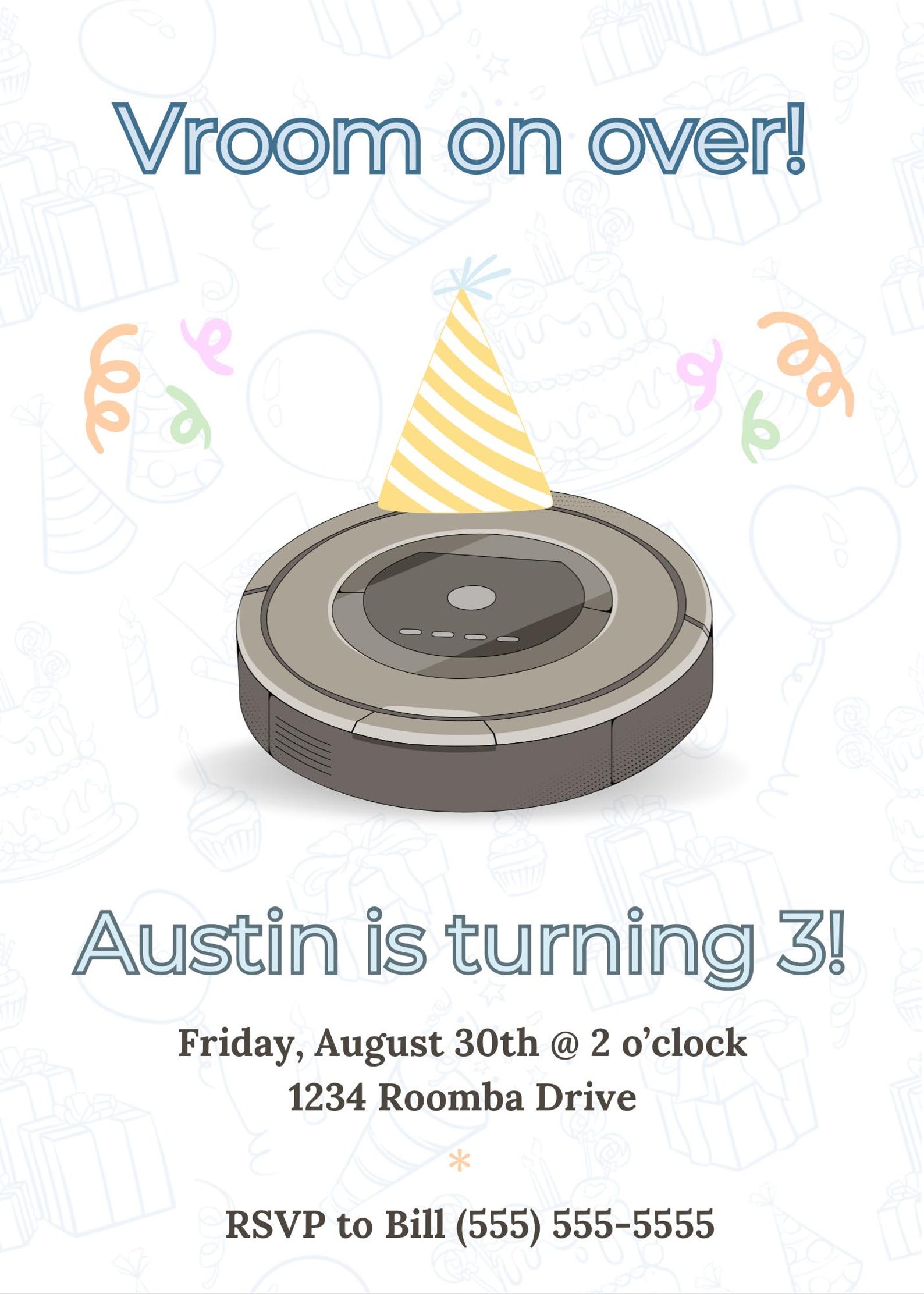 Editable Roomba Birthday Party Invitations, Vacuum Party Invitations ...