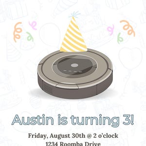 Editable Roomba Birthday Party Invitations, Vacuum Party Invitations ...