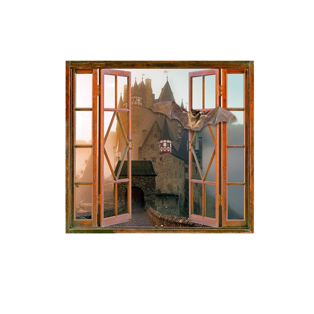 Faux Paper Window of Moody Castle With Bat, Window Reproduction Printed ...