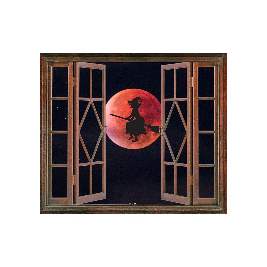Faux Miniature Window With Witch and Red Moon, Paper Window Mounted on ...