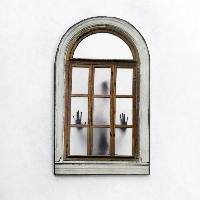 Faux Spooky Paper Window Mounted on Chip Board, Miniature Arched Old ...