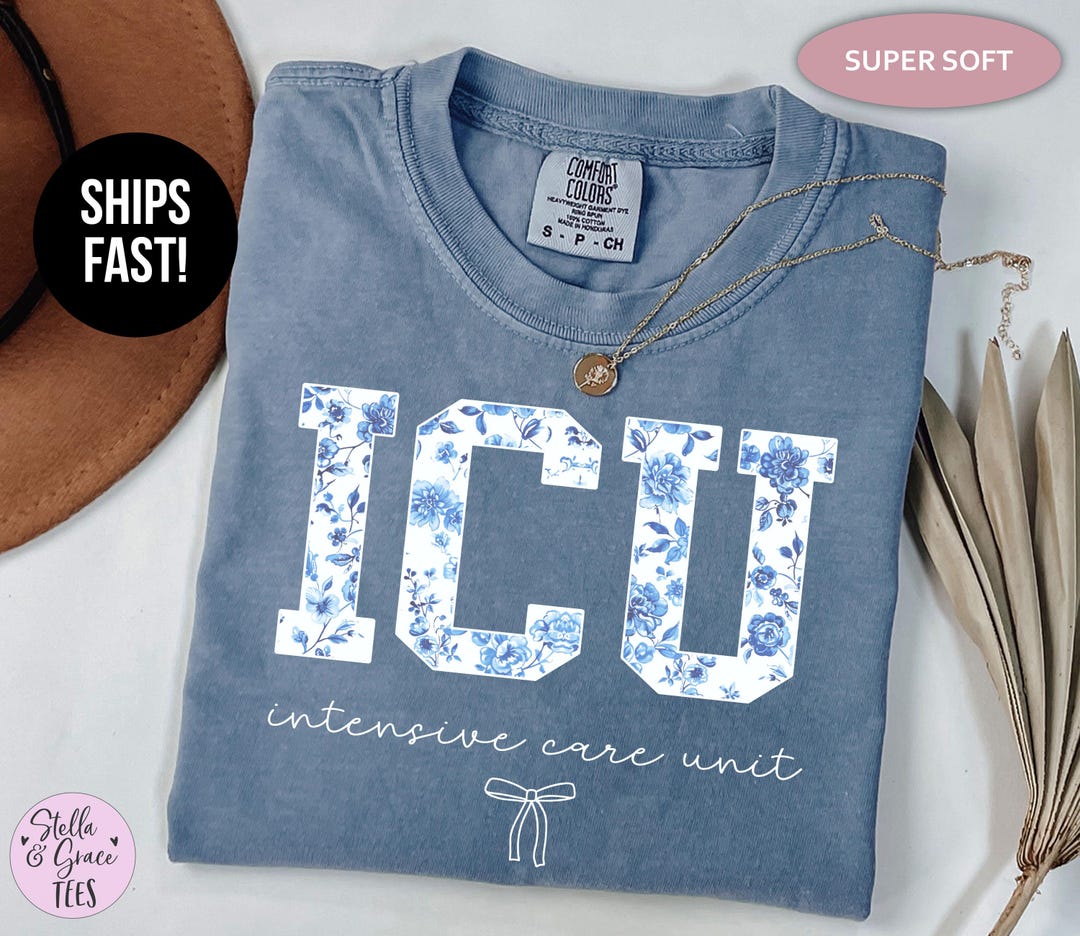 ICU Nurse Comfort Colors Shirt: Blue Toile Design Intensive Care Unit ...