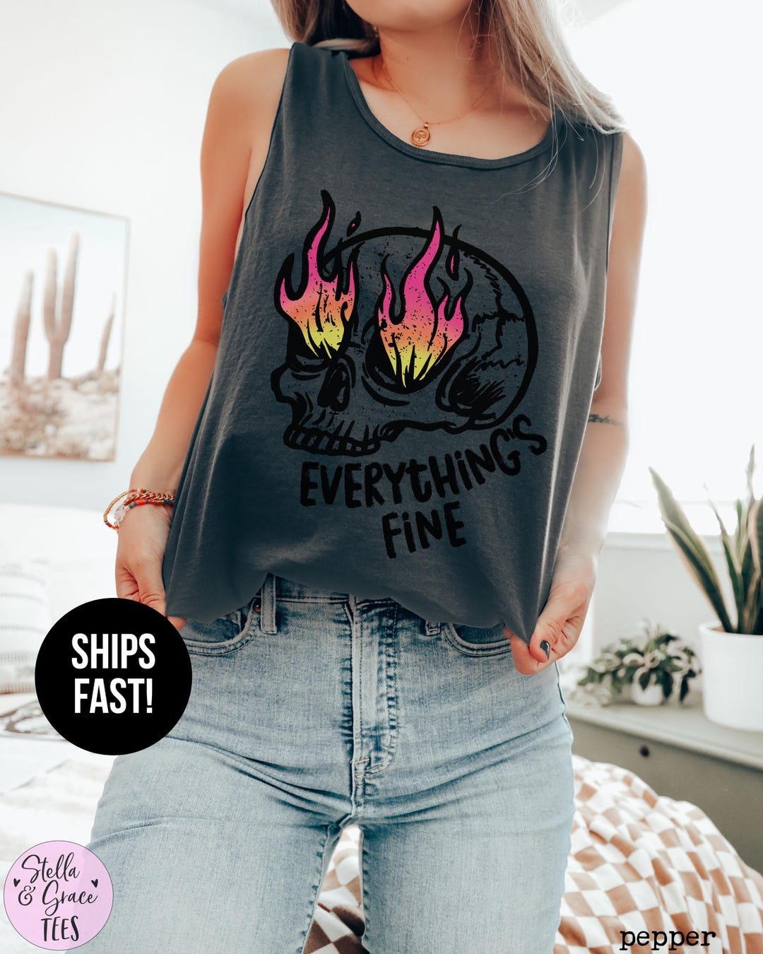Everything is Fine Skeleton Tank Top: Retro Grunge Comfort Colors® - Etsy