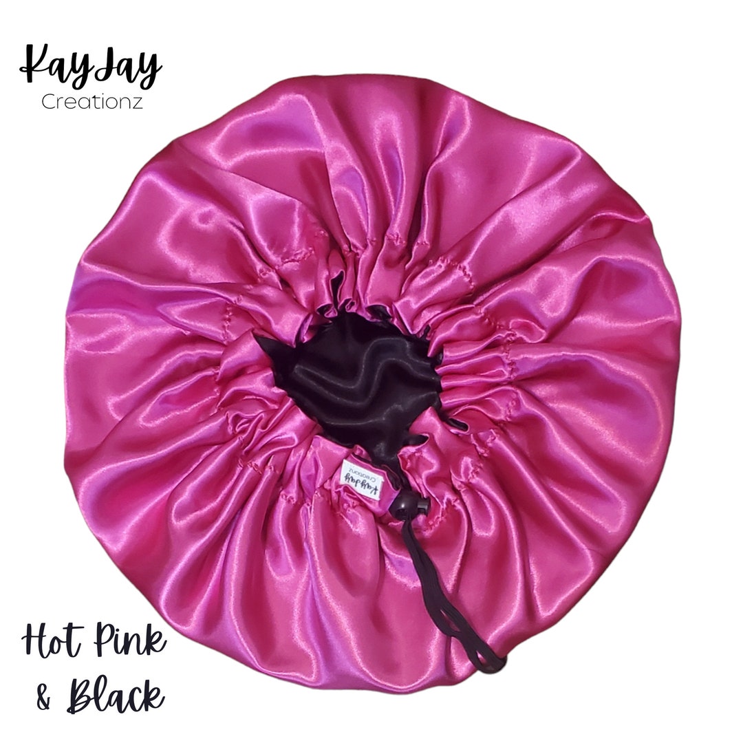 Hot Pink & Black Adult Silk Satin Bonnet Double-layered Reversible and ...