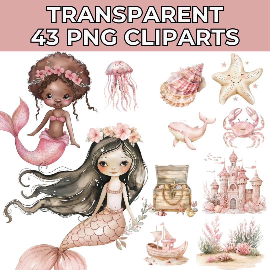 Mermaid Clipart Watercolor Cute Mermaid PNG Under the Sea Ocean Animals ...