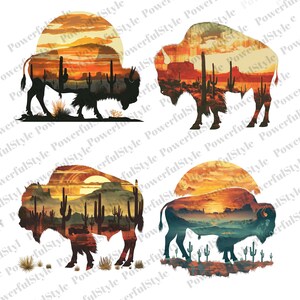 Bison Buffalo Double Exposure Clipart Bundle: Desert American PNG ...
