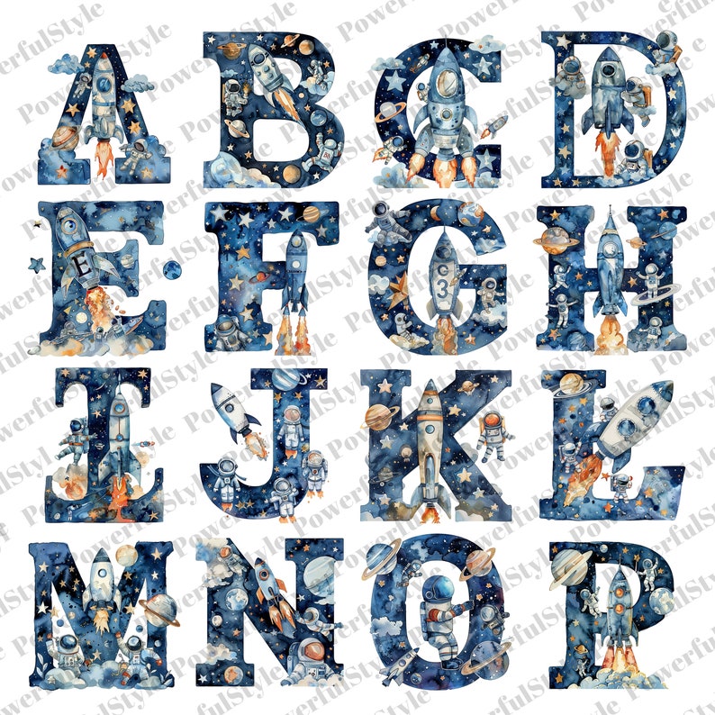 Watercolor Space Alphabet A-Z Clipart Bundle | Space, Astronaut, and ...