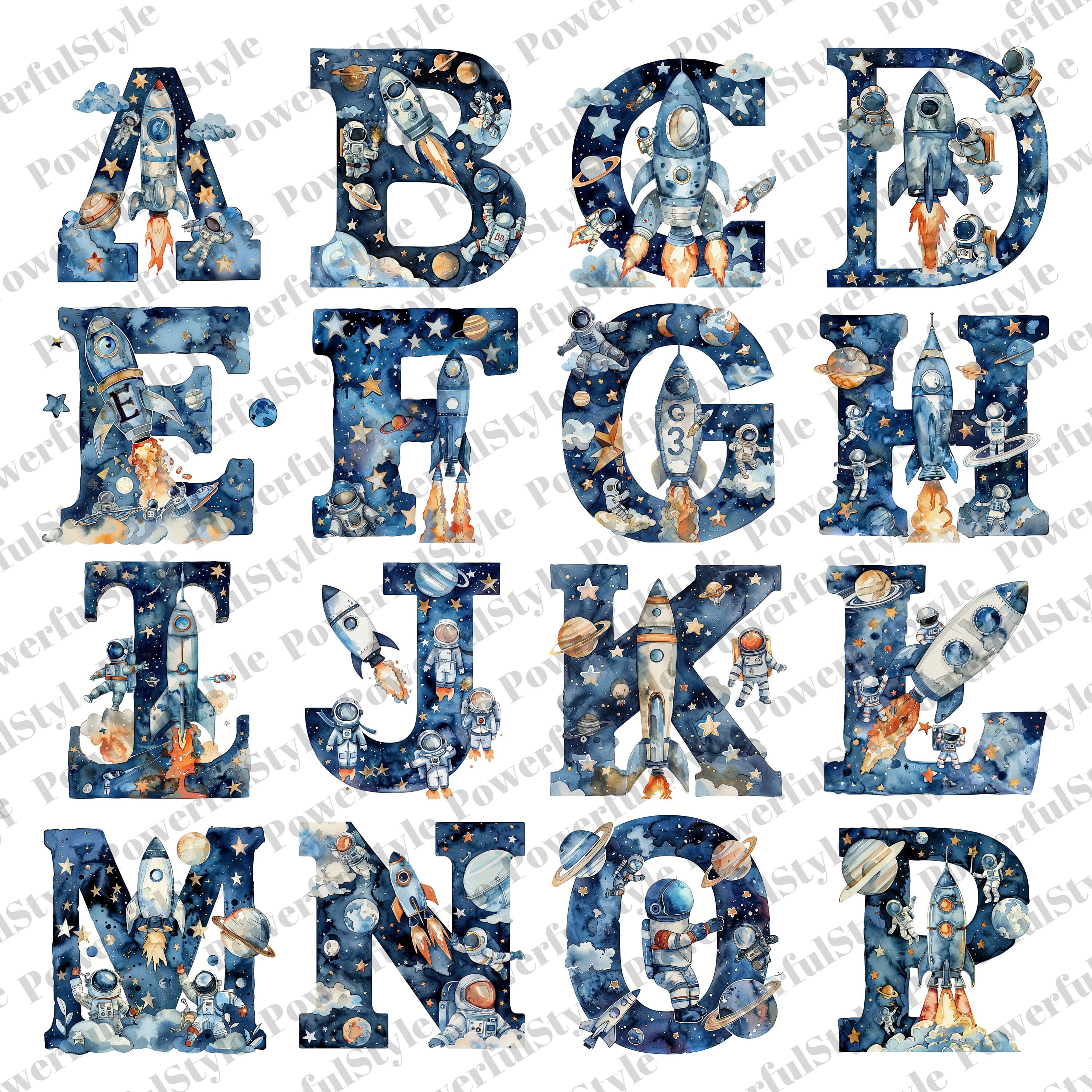 Watercolor Space Alphabet A-Z Clipart Bundle | Space, Astronaut, and ...