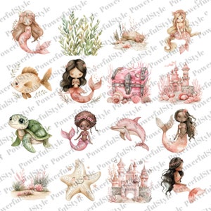 Mermaid Clipart Watercolor Cute Mermaid PNG Under the Sea Ocean Animals ...