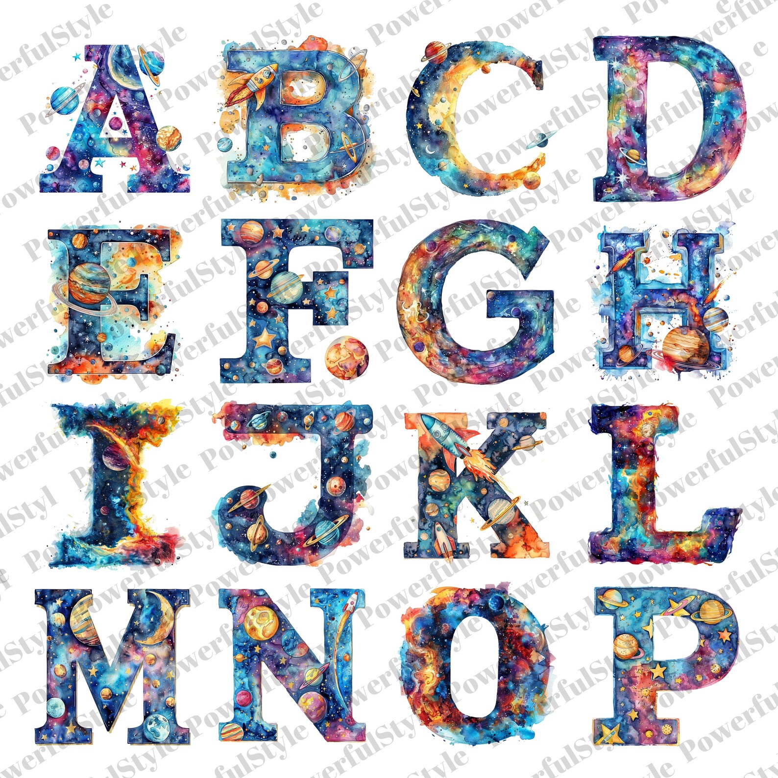 Watercolor Space Alphabet A-Z Clipart Bundle | Space, Astronaut, and ...