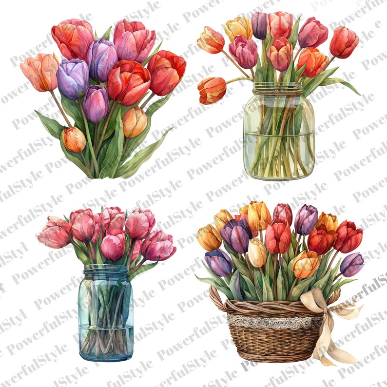 Watercolor Tulips Clipart | Spring Floral Bouquet | Wedding Clipart ...