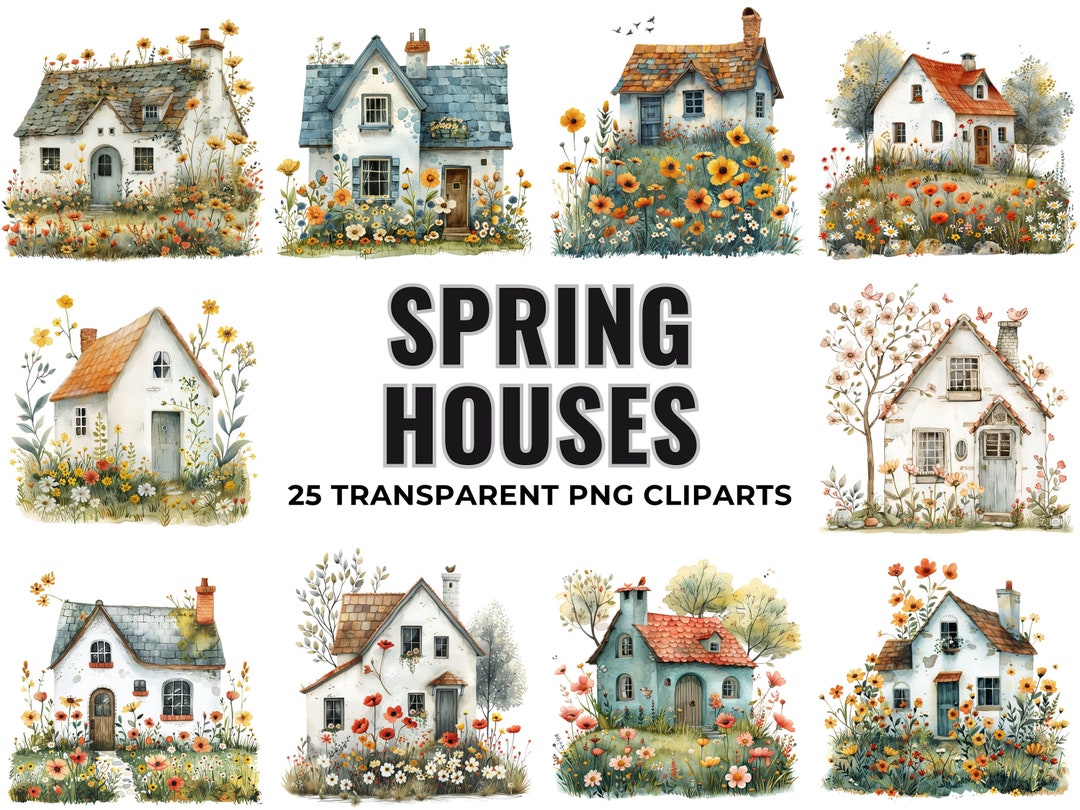 25 Houses Cliparts Prompts, PNG Images, Painted Spring Clipart, Instant ...