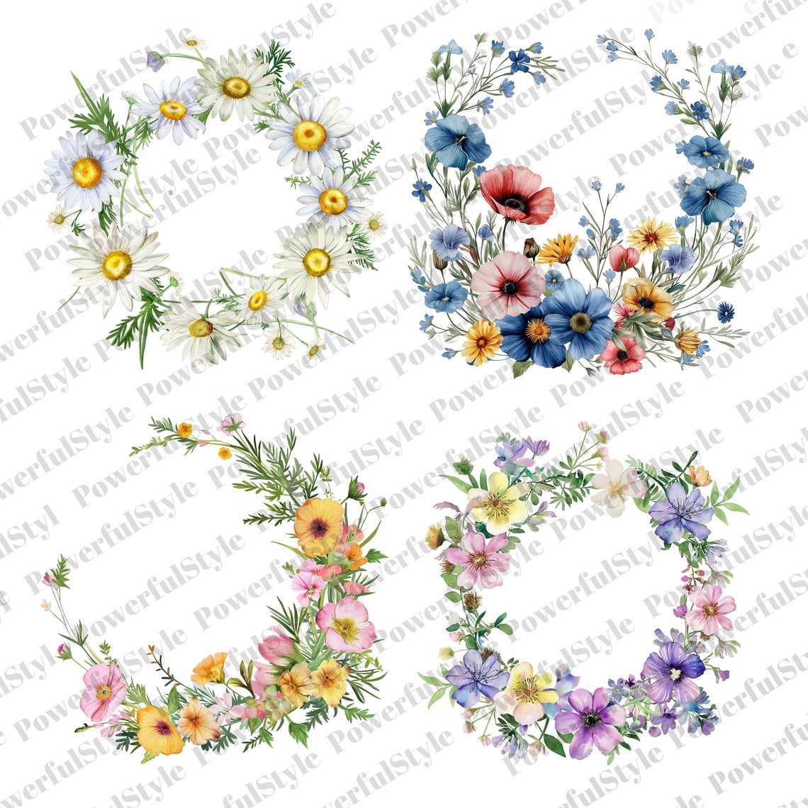 Midsummer Wild Field Wreath Watercolor Wildflower Clipart Delicate ...