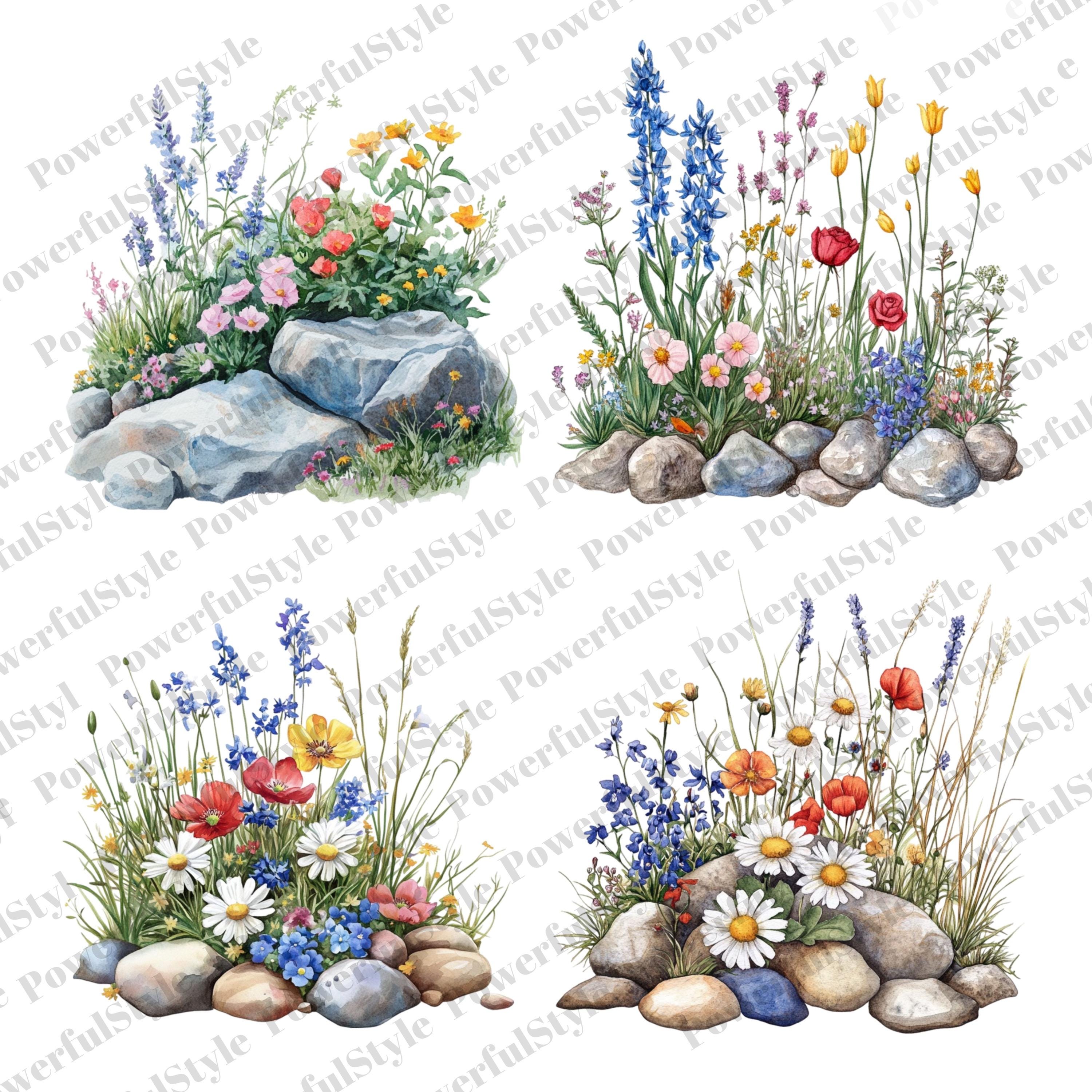 Wildflower Clipart: Watercolor Flowers on Stones (digital Download) - Etsy