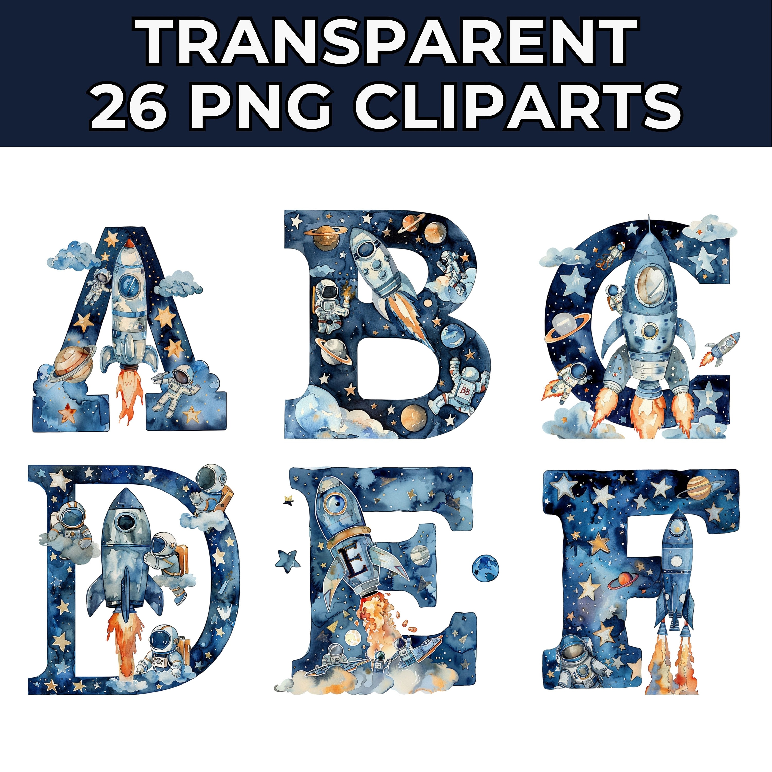 Watercolor Space Alphabet A-Z Clipart Bundle | Space, Astronaut, and ...
