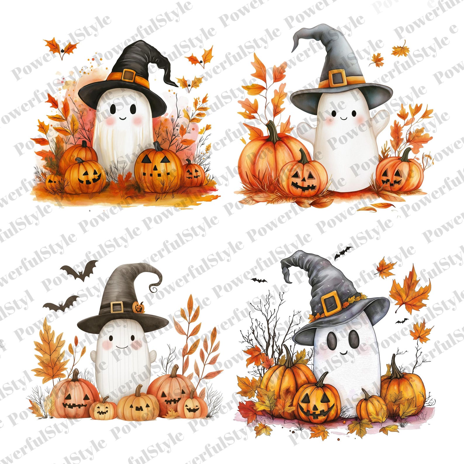 15 Watercolor Cute Ghost Clipart, PNG Halloween Clipart Bundle, Cute ...