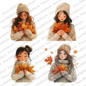 Watercolor Autumn Girl Clipart: Kawaii Chibi PNG Downloads - Etsy
