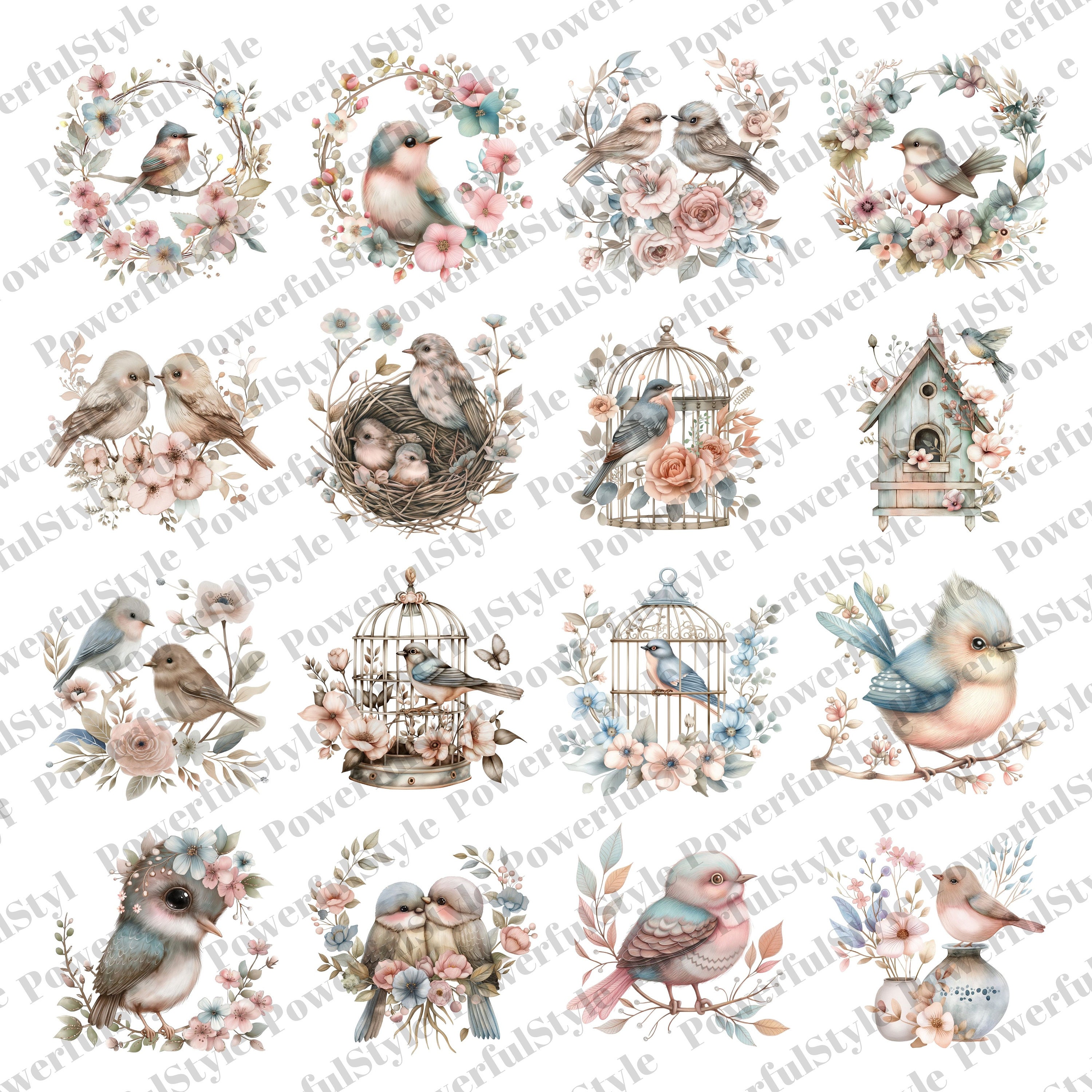 28 Boho Songbirds Watercolor Clipart Bundle | Cute Floral Birds for ...