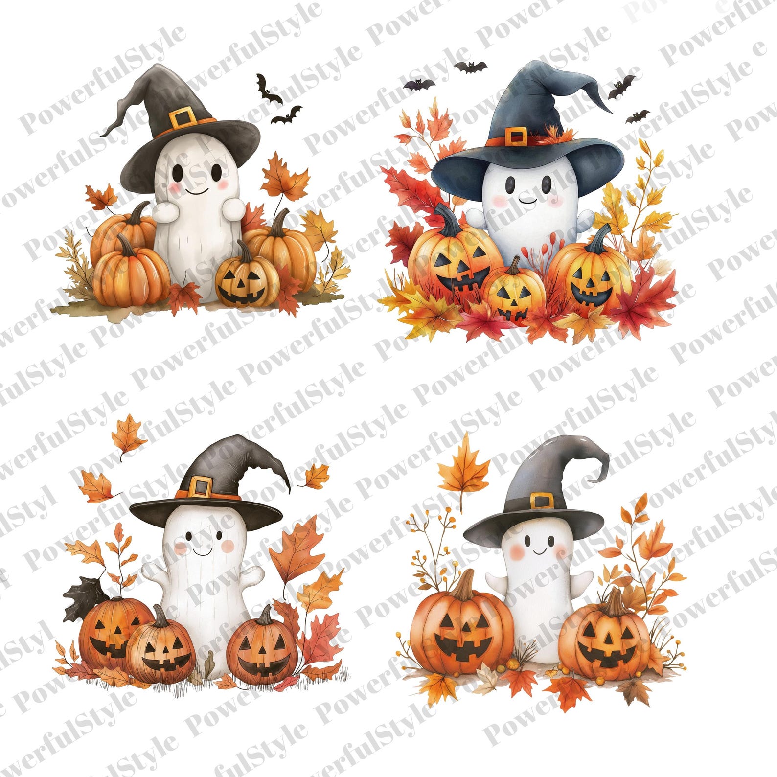 15 Watercolor Cute Ghost Clipart, PNG Halloween Clipart Bundle, Cute ...