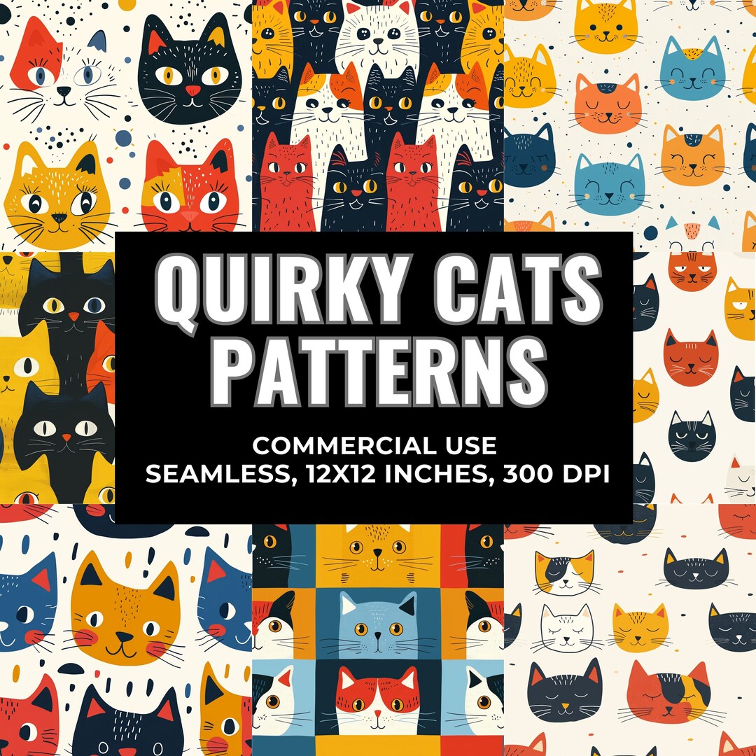 Quirky Cats Patterns PNG Clipart Bundle Whimsical Safari Animals Cat ...