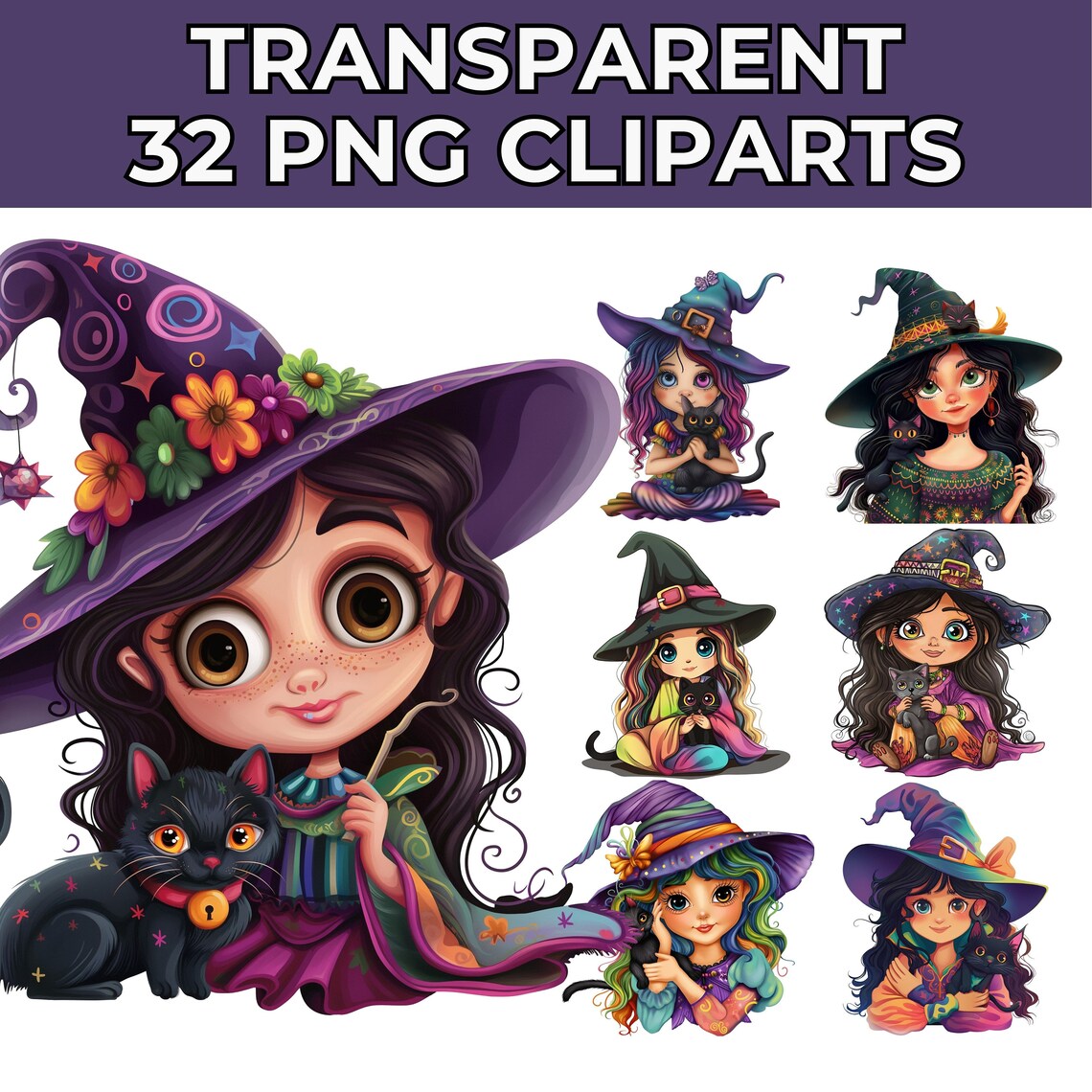 Watercolor Witch Clipart Bundle, 32 Witch PNG Files, Witch Clipart Set ...
