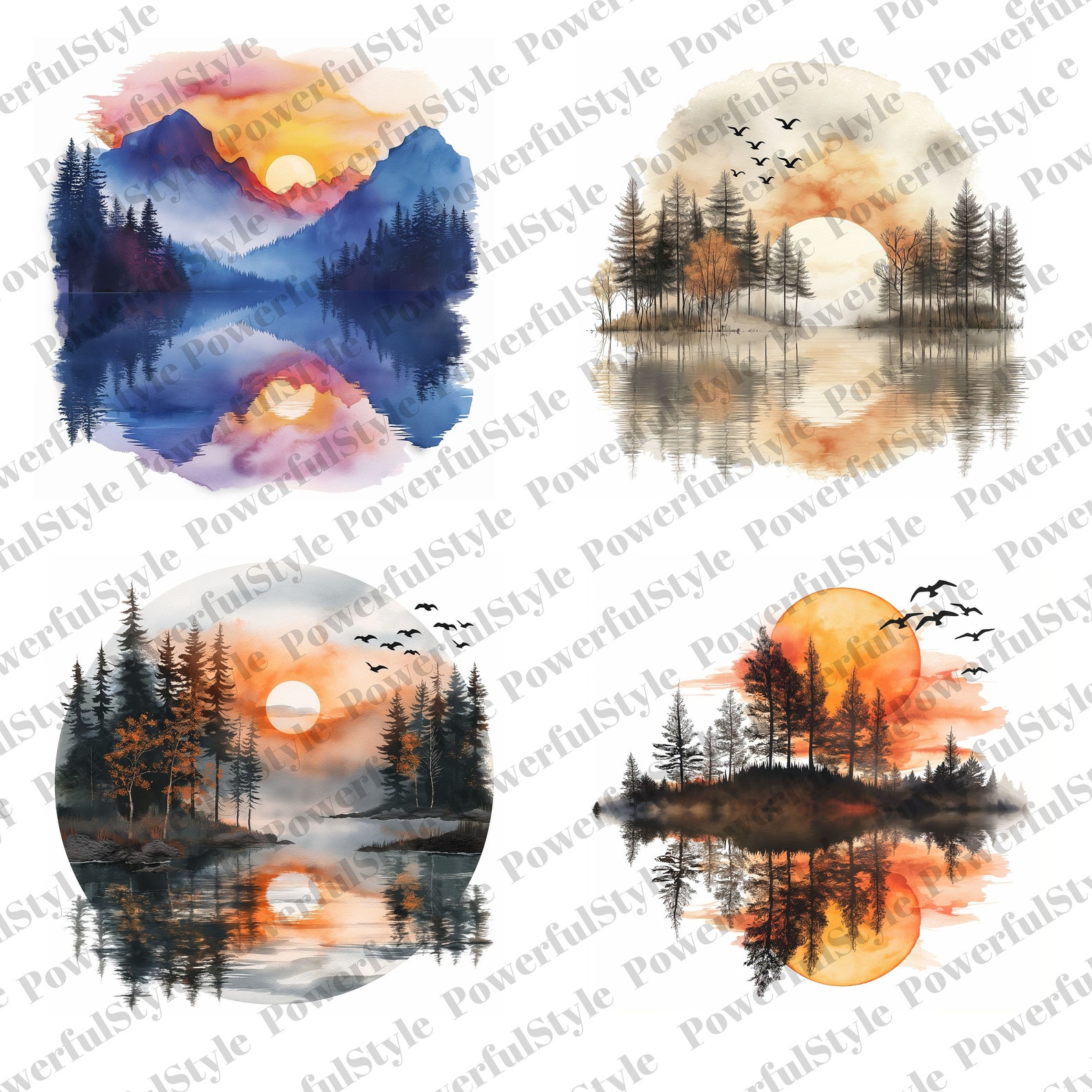 Lake Landscape Clipart - Lake Sunrise Printable Watercolor Clipart ...
