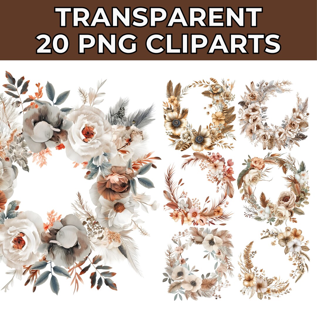 20 Watercolor Boho Wreaths and Frames Clipart Bundle | Boho Floral ...