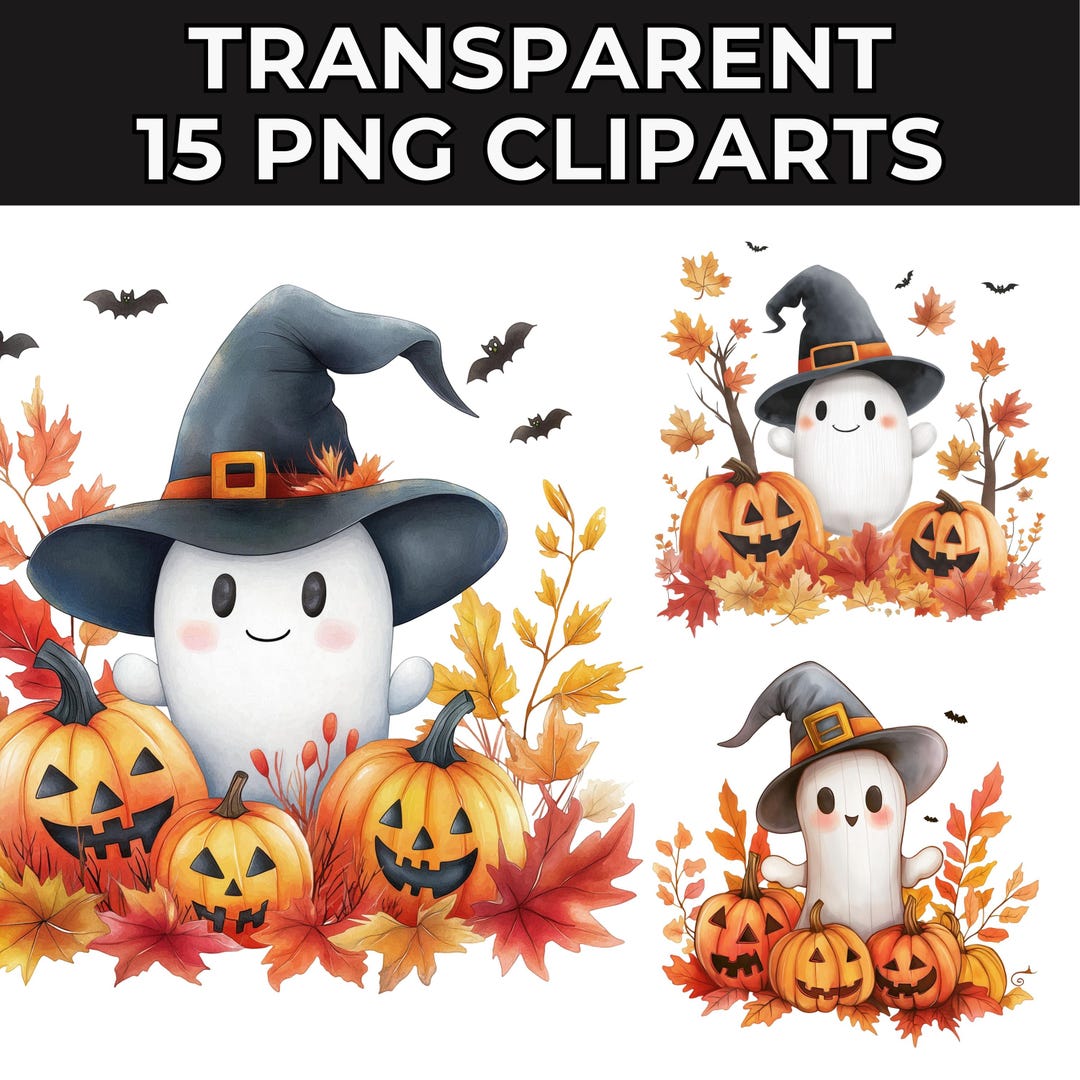 15 Watercolor Cute Ghost Clipart, PNG Halloween Clipart Bundle, Cute ...