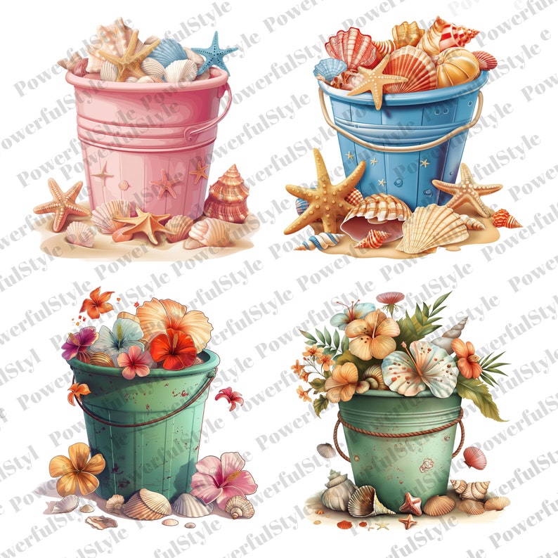 20 Seashells in a Bucket Clipart Bundle, Summer Sea Art, High Quality ...