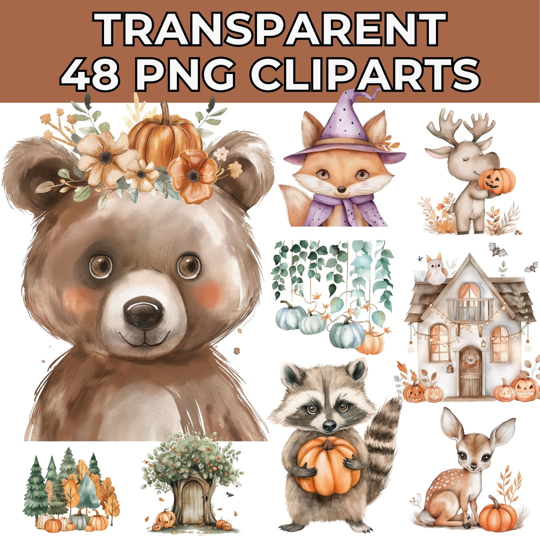 48 Halloween Woodland Clipart Bundle, Cute Autumn Woodland Animals ...