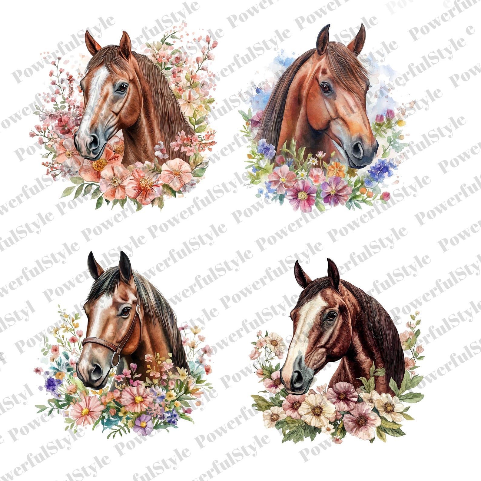 Watercolor Horse Clipart: Floral Equestrian PNG Collection (commercial ...