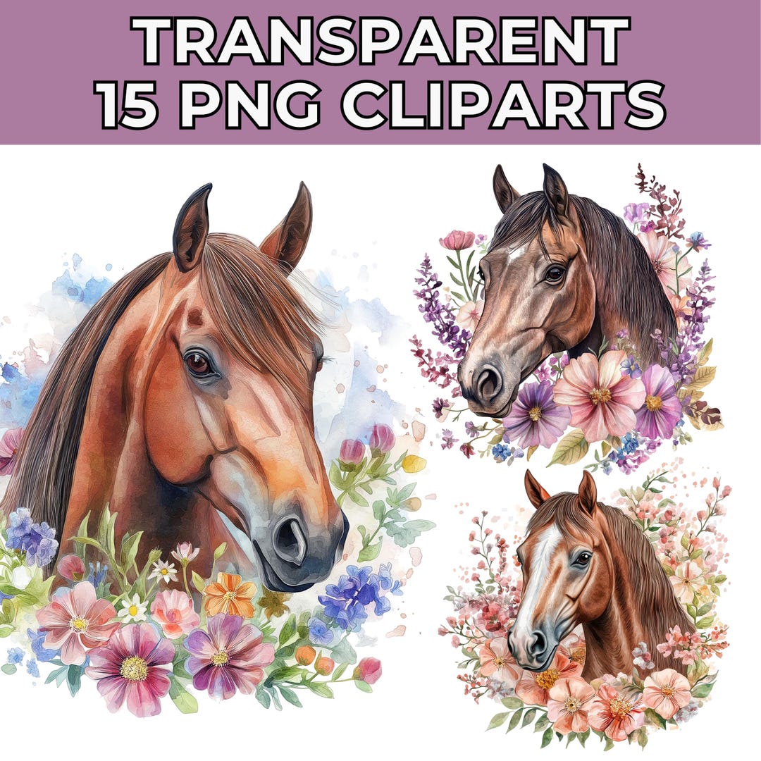Watercolor Floral Horses Collection Clipart 15 PNG Horse Clipart ...