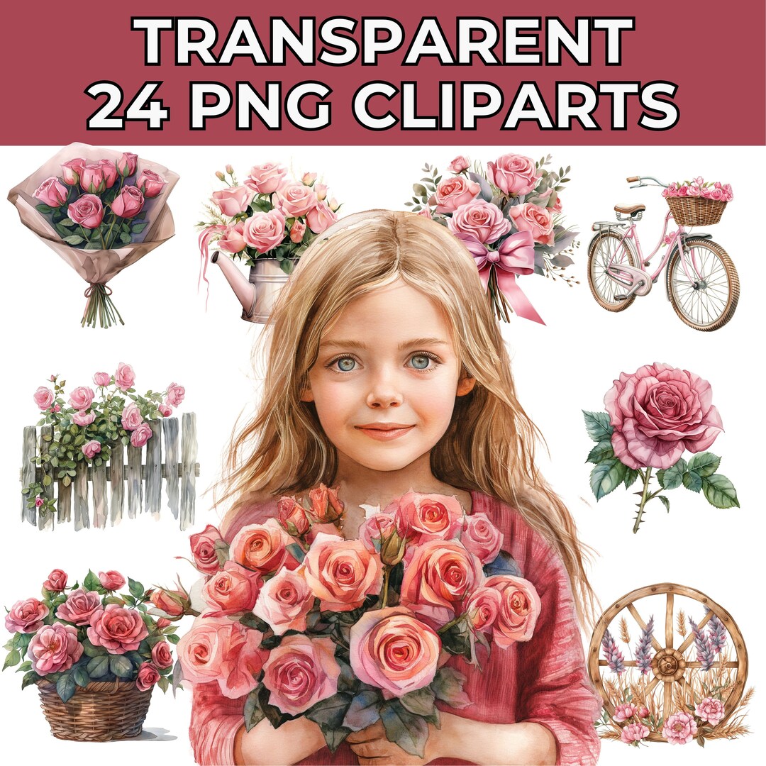 Pink Rose PNG Clipart Bundle: Watercolor Dusty Pink Roses for Weddings ...