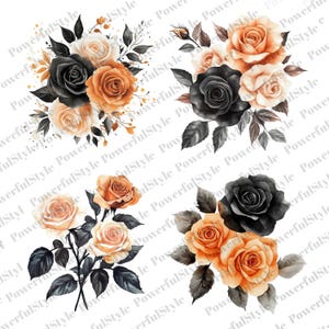 Black Rose Clipart: Gothic Watercolor Flower PNG Set (digital Download ...