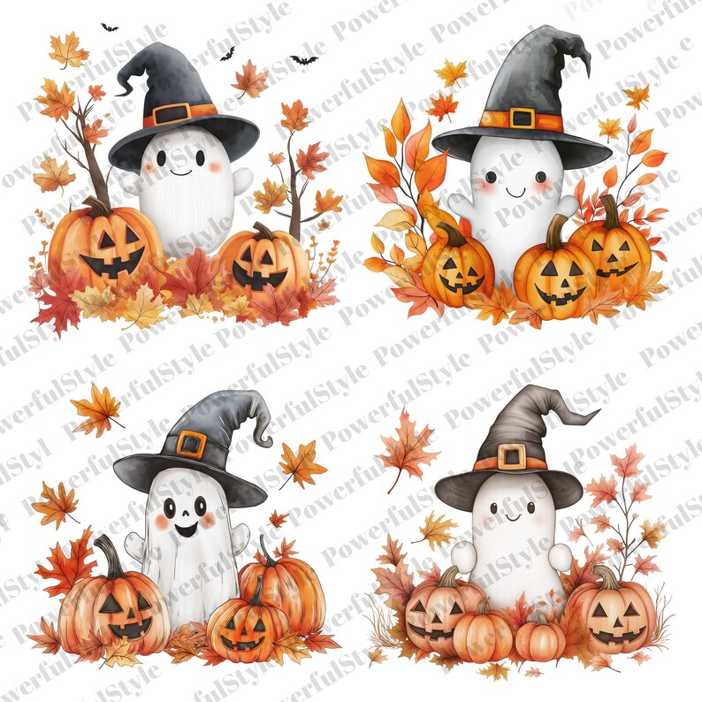15 Watercolor Cute Ghost Clipart, PNG Halloween Clipart Bundle, Cute ...