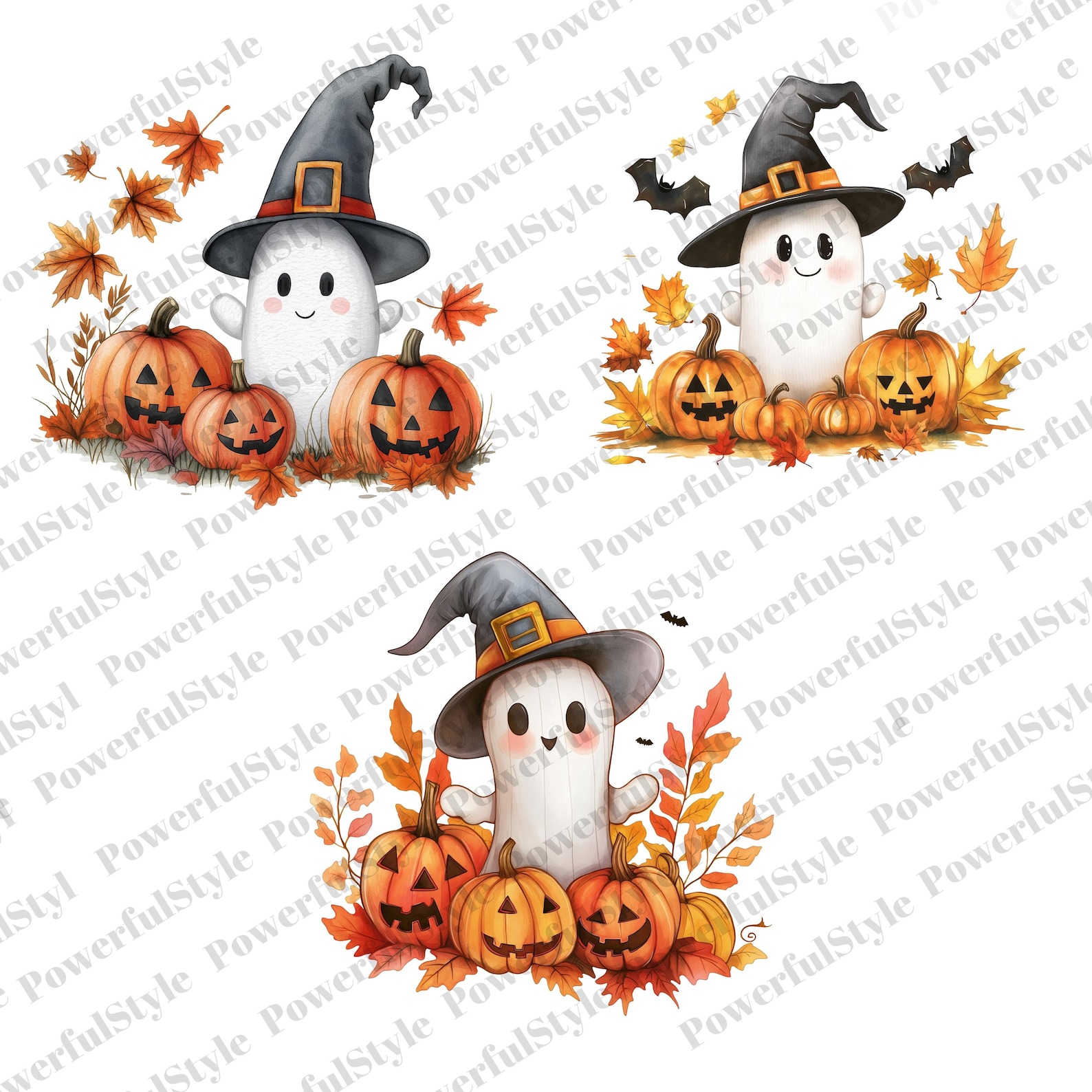 15 Watercolor Cute Ghost Clipart, PNG Halloween Clipart Bundle, Cute ...