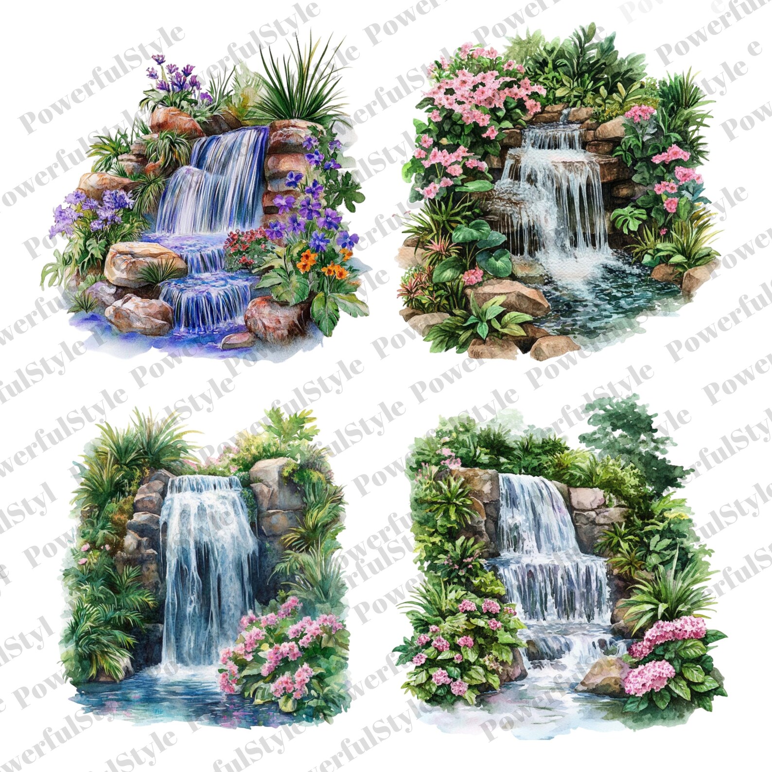 Floral Garden Waterfall Clipart: Watercolor Pngs (digital Download) - Etsy