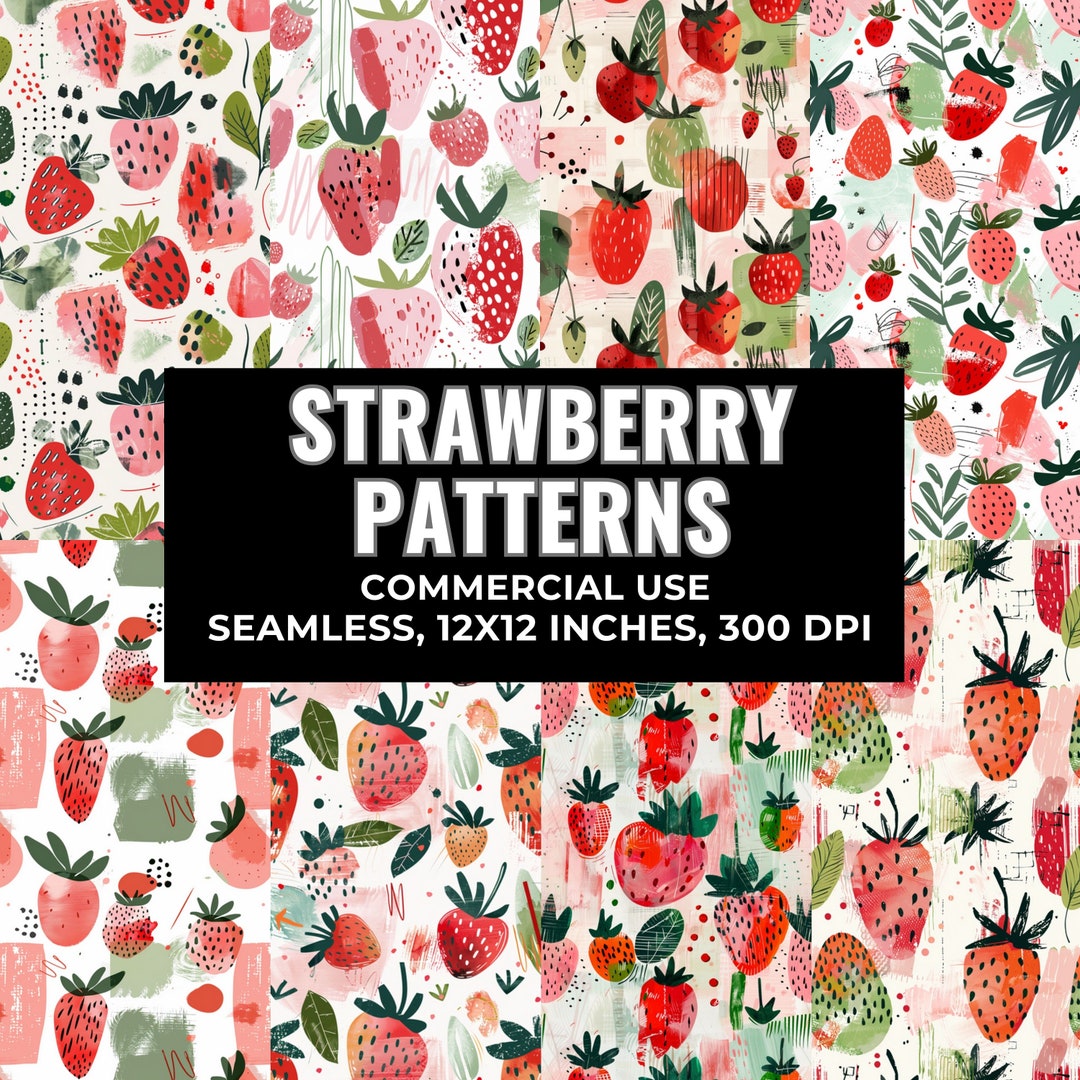 Strawberry Themed Digital Papers, Seamless Digital Paper Pack for ...