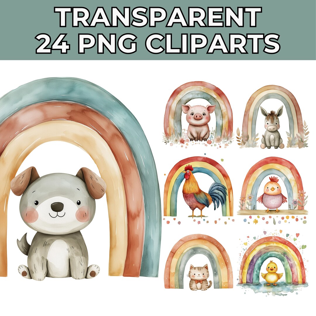 24 Rainbow Watercolor Cute Animals Clipart Cute Animal PNG Watercolor ...