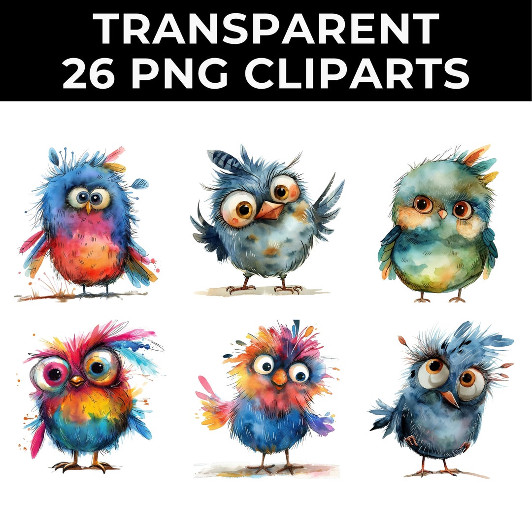 Whimsical Birds Clipart, Funny Birds Digital Clipart, Watercolor ...
