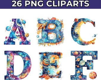 Watercolor Space Alphabet Clipart: Rocket & Astronaut Letters (digital ...