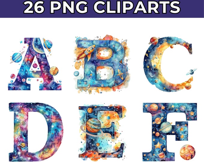 Watercolor Space Alphabet A-Z Clipart Bundle | Space, Astronaut, and ...