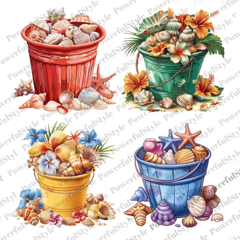 20 Seashells in a Bucket Clipart Bundle, Summer Sea Art, High Quality ...