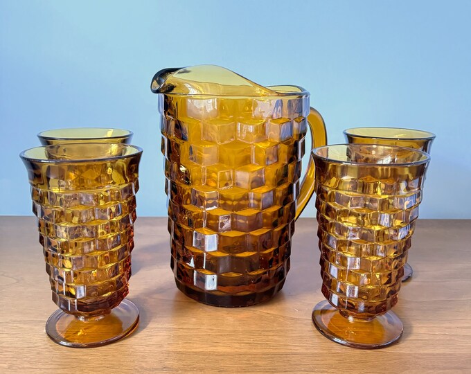 Vintage Whitehall Indiana Glass Colony Amber Cubist Pitcher & Tumbler ...